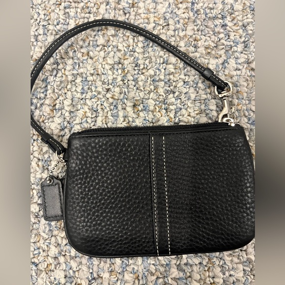 Coach | Bags | Coach Small Pebbled Wristlet Black Leather And White ...